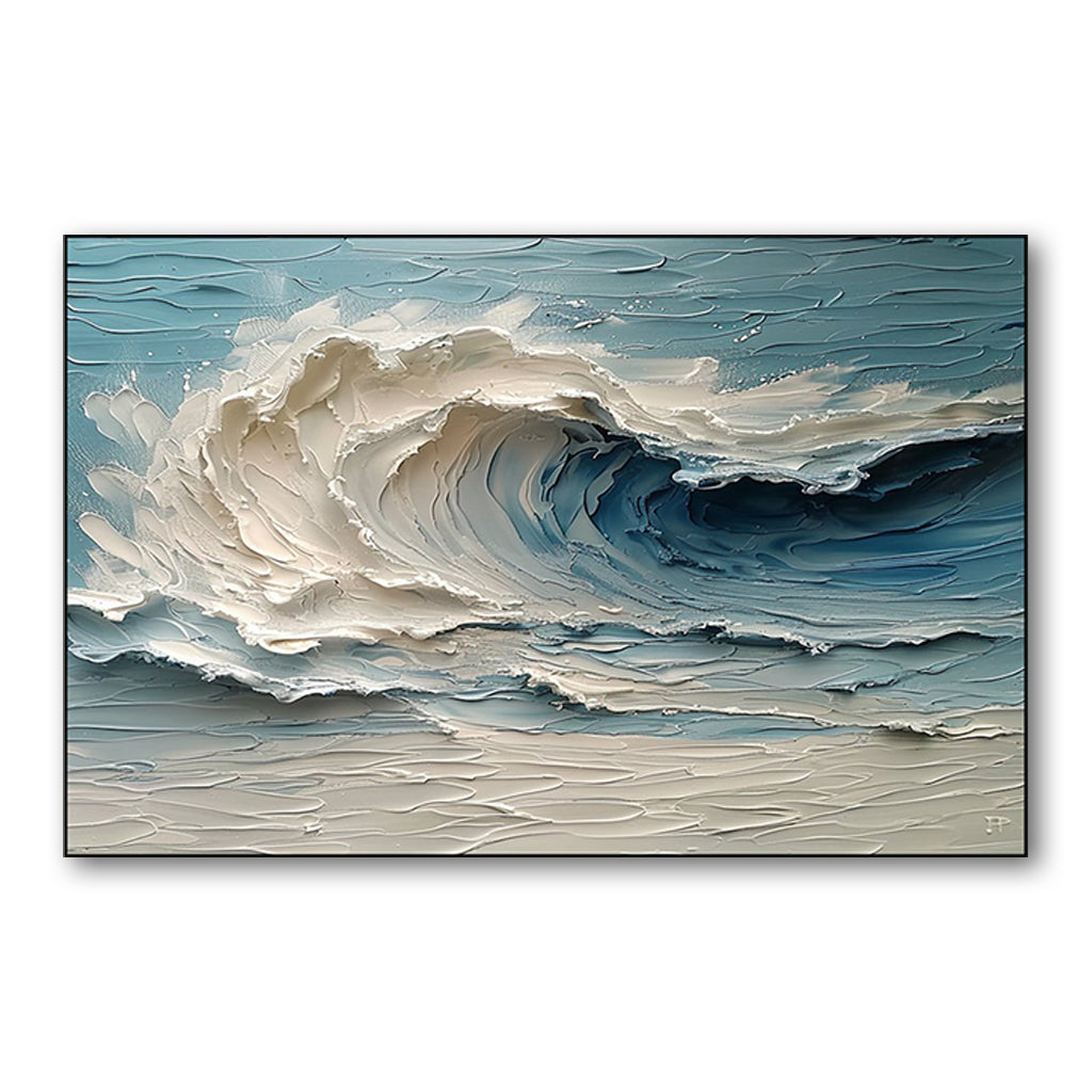 3D Textured Ocean Wave Oil Painting - Impasto Blue Seaside Wave ...