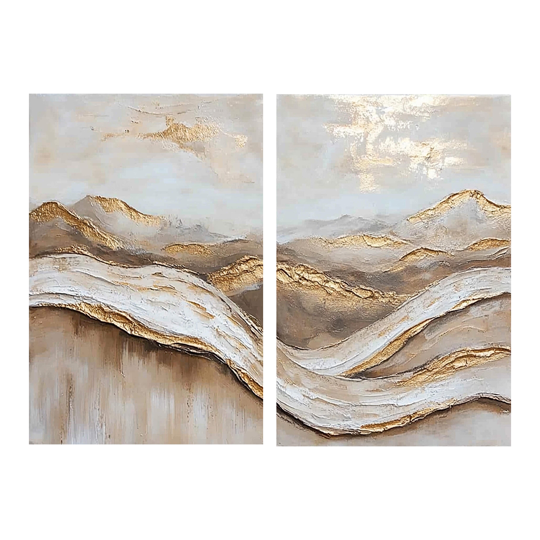 2 Piece Textured Golden Abstract Mountain Painting, Landscape Wall Art ...