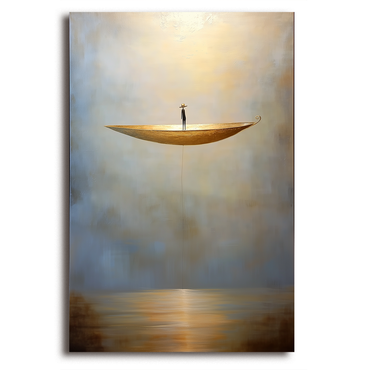 Golden Floating Boat Painting Surreal Vertical Canvas for Minimalist ...