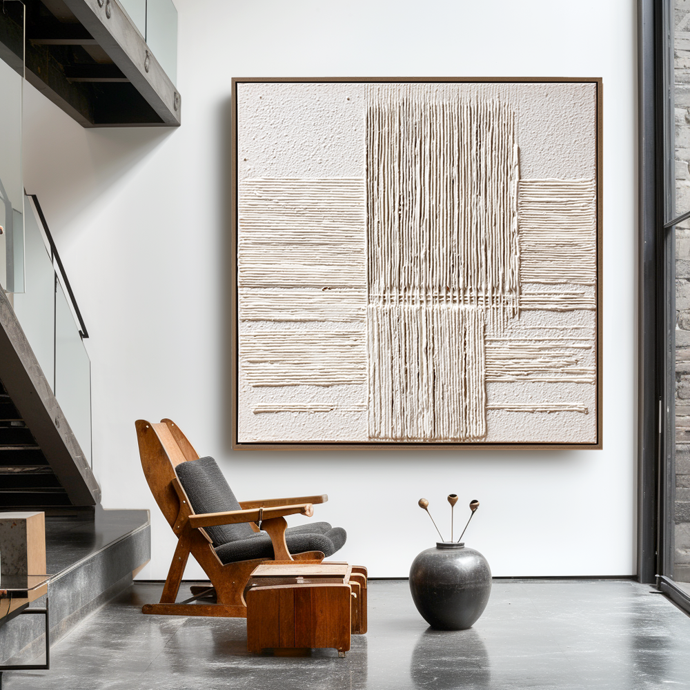 Large Neutral Textured Wall Art – Vertical Line Modern Abstract Canvas ...