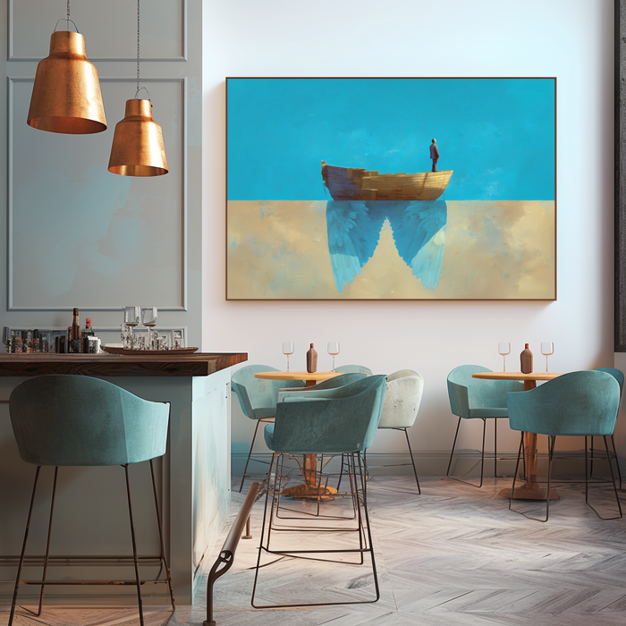 Surreal Boat Painting with Angel Wings Shadow – Symbolic Minimalist ...