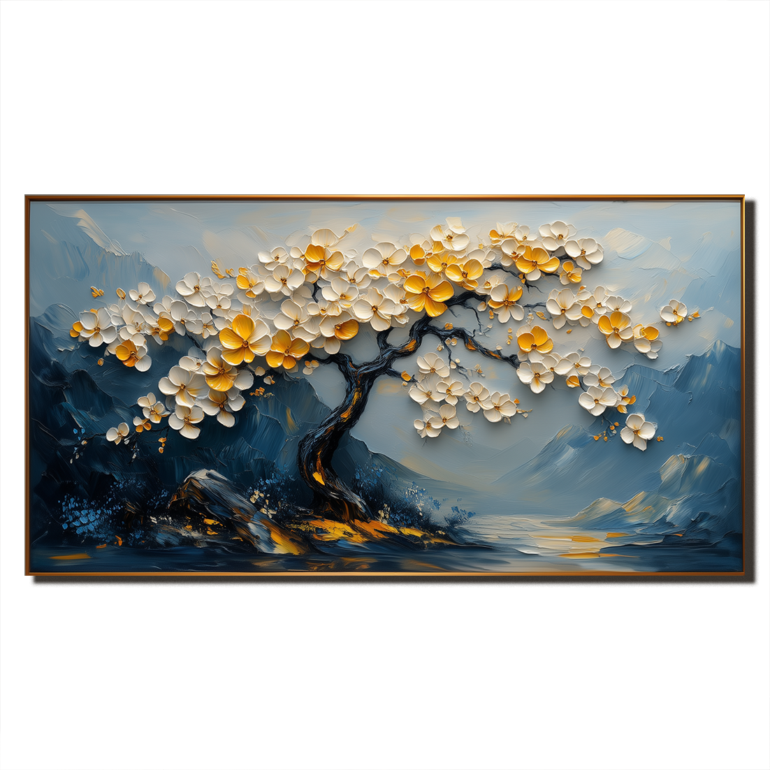 Relief Texture Blooming Tree Oil Painting with Mountain Landscape ...