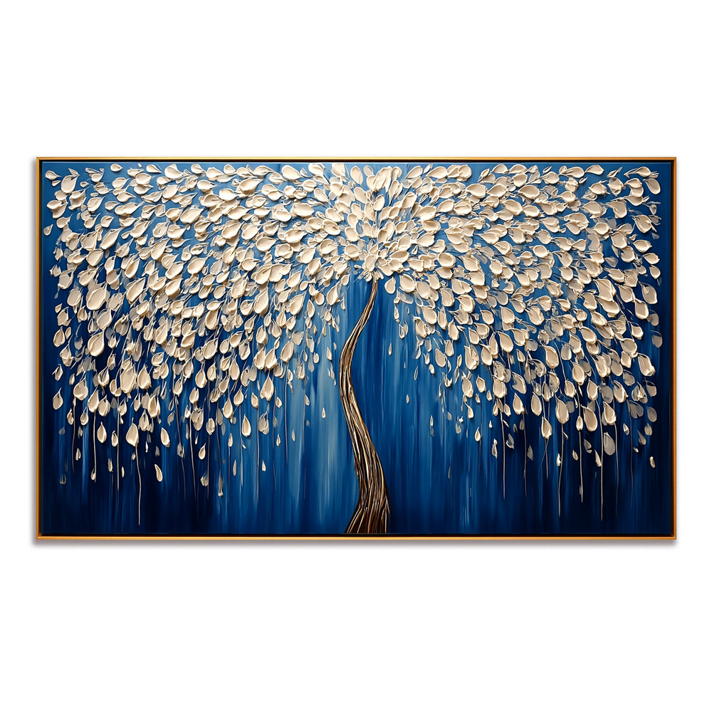 Gold and Blue Textured Tree Wall Art – Modern Abstract Hand-Painted Oil ...